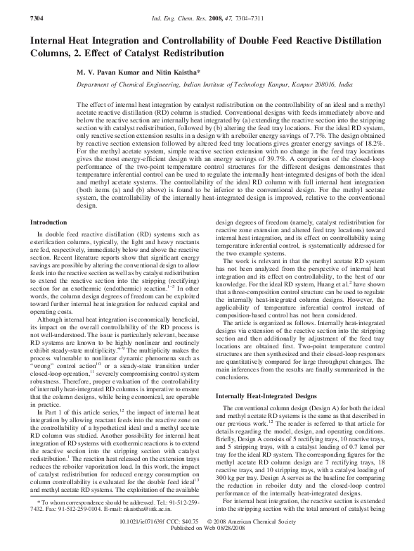 (PDF) Internal Heat Integration and Controllability of Double Feed Reactive Distillation Columns ...