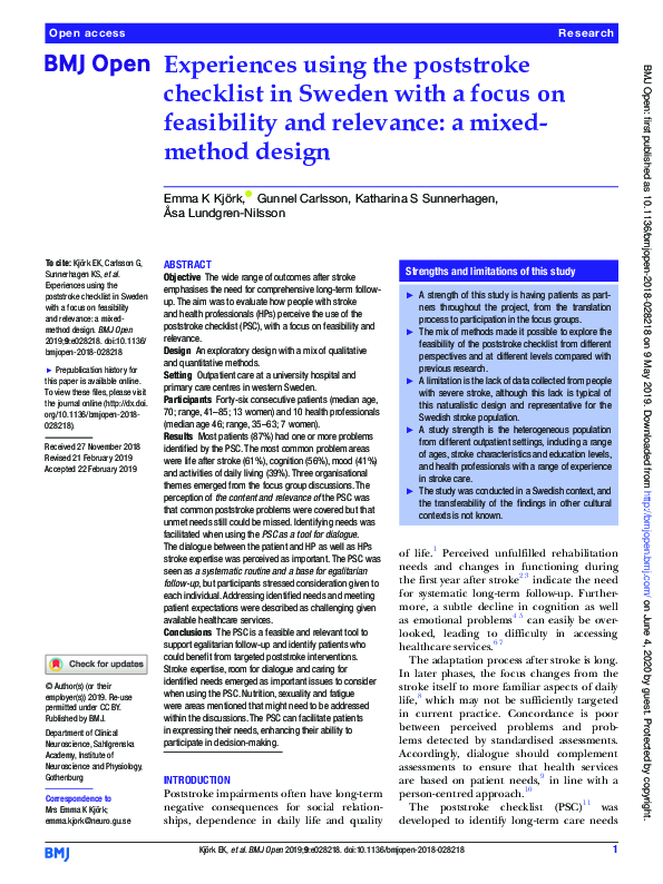 (PDF) Experiences using the poststroke checklist in Sweden with a focus ...