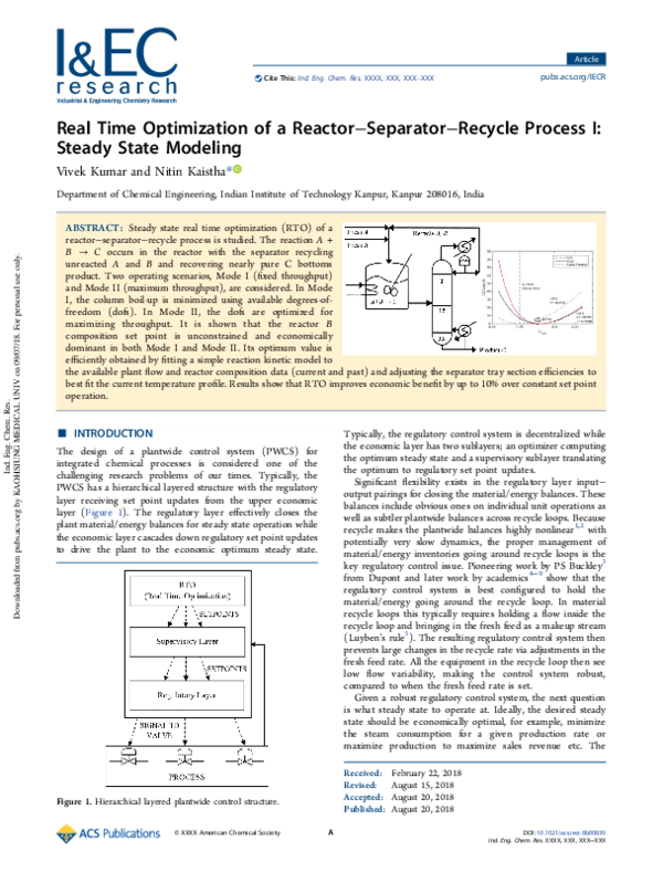 (PDF) Real Time Optimization of a Reactor–Separator–Recycle Process I: Steady State Modeling