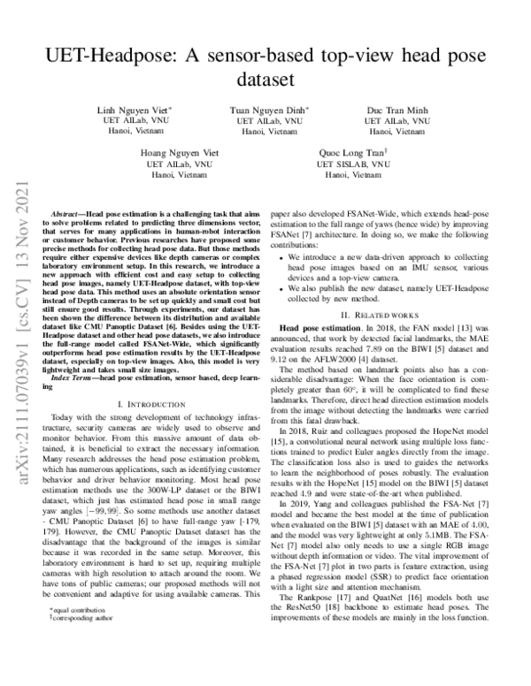 (PDF) UET-Headpose: A sensor-based top-view head pose dataset
