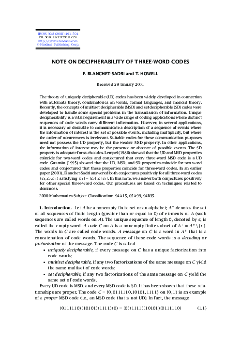 (PDF) Note on decipherability of three-word codes