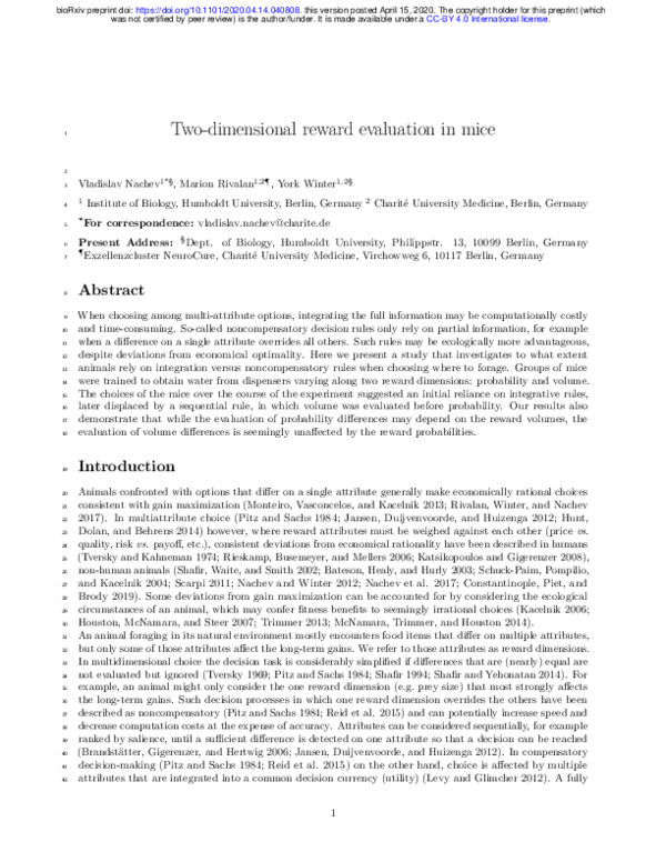(PDF) Two-dimensional reward evaluation in mice