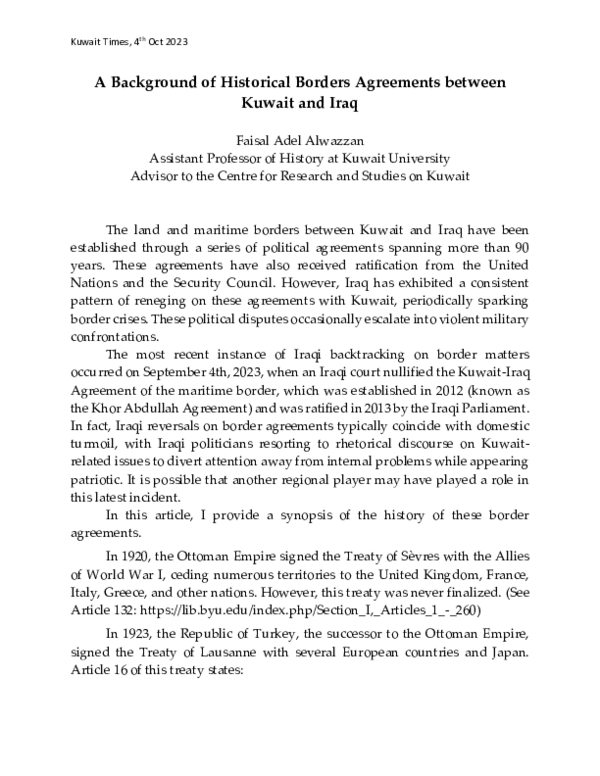 (PDF) A Background of Historical Borders Agreements between Kuwait and Iraq