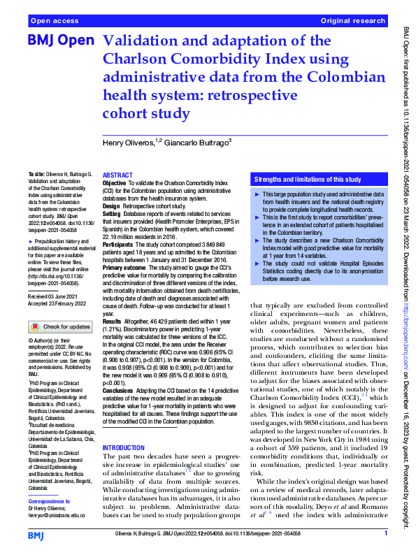 (PDF) Validation and adaptation of the Charlson Comorbidity Index using ...