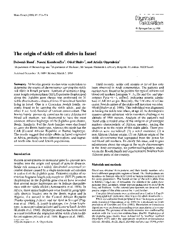 (PDF) The origin of sickle cell alleles in Israel