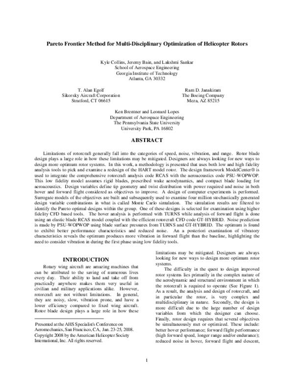 (PDF) Pareto frontier method for multi-disciplinary optimization of helicopter rotors | Lakshmi ...