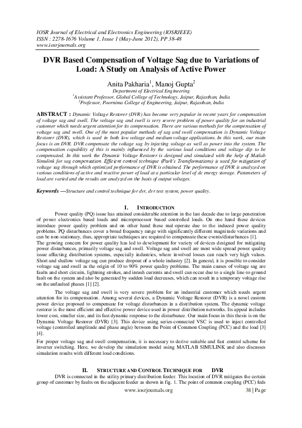 (PDF) DVR Based Compensation of Voltage Sag due to Variations of Load: A Study on Analysis of ...