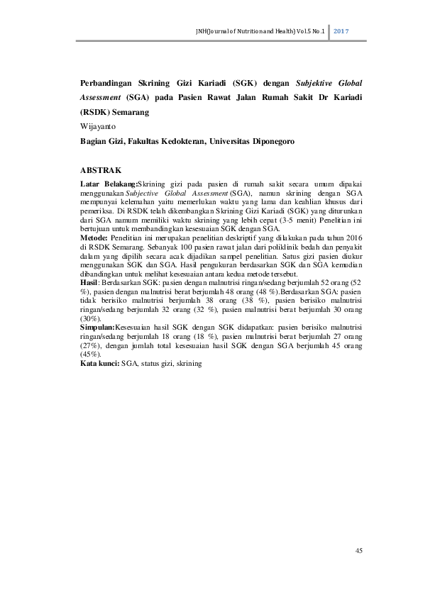 (PDF) Perbandingan Skrining Gizi Kariadi (SGK) dengan Subjektive Global ...