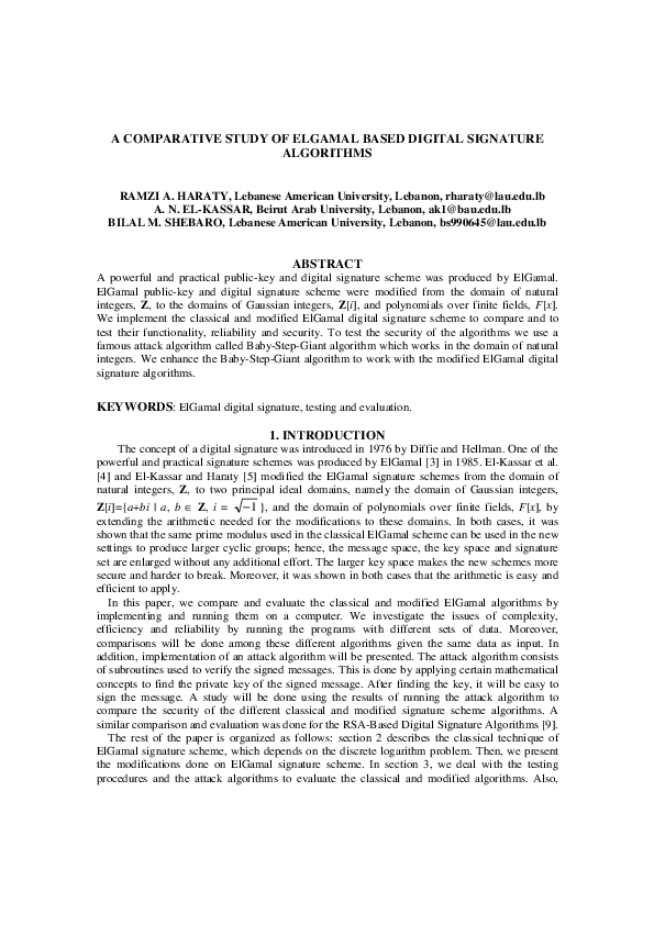 (PDF) A comparative study of ElGamal based digital signature algorithms