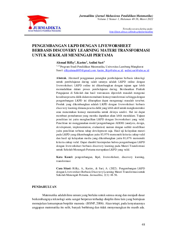 (PDF) Pengembangan LKPD Dengan Liveworsheet Berbasis Discovery Learning Materi Transformasi ...
