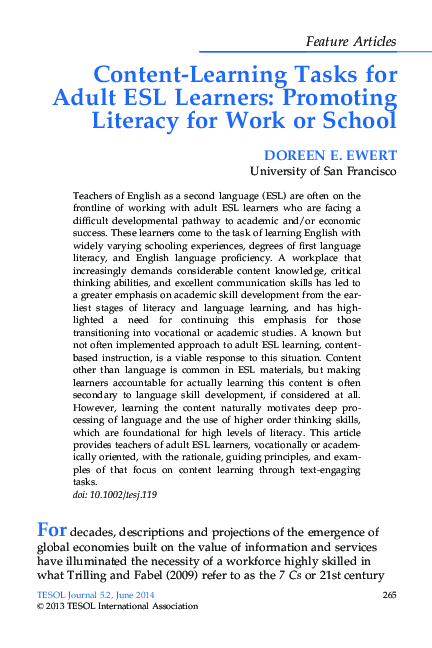 (PDF) Content-Learning Tasks for Adult ESL Learners: Promoting Literacy ...