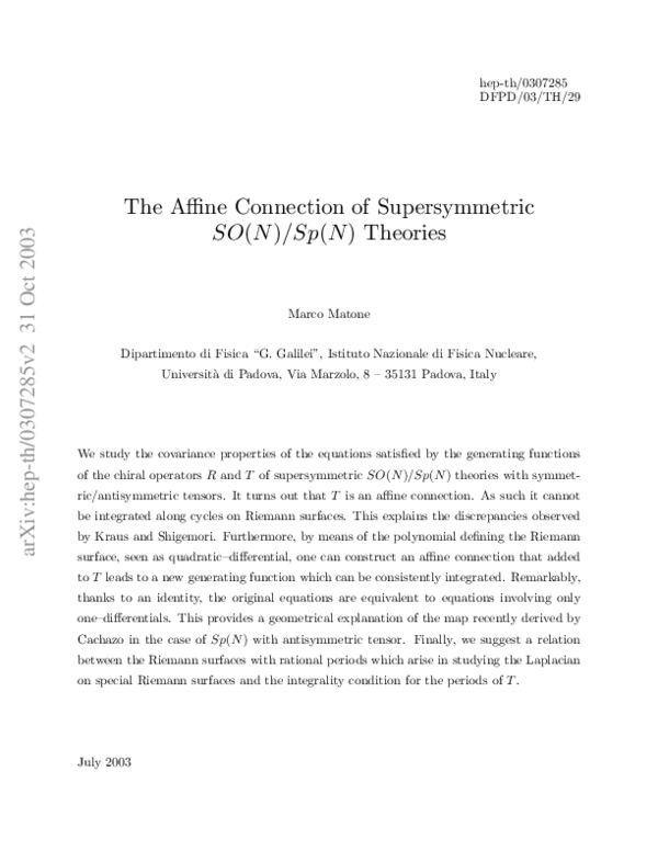 (PDF) The affine connectionof supersymmetric SO(N)/Sp(N) theories