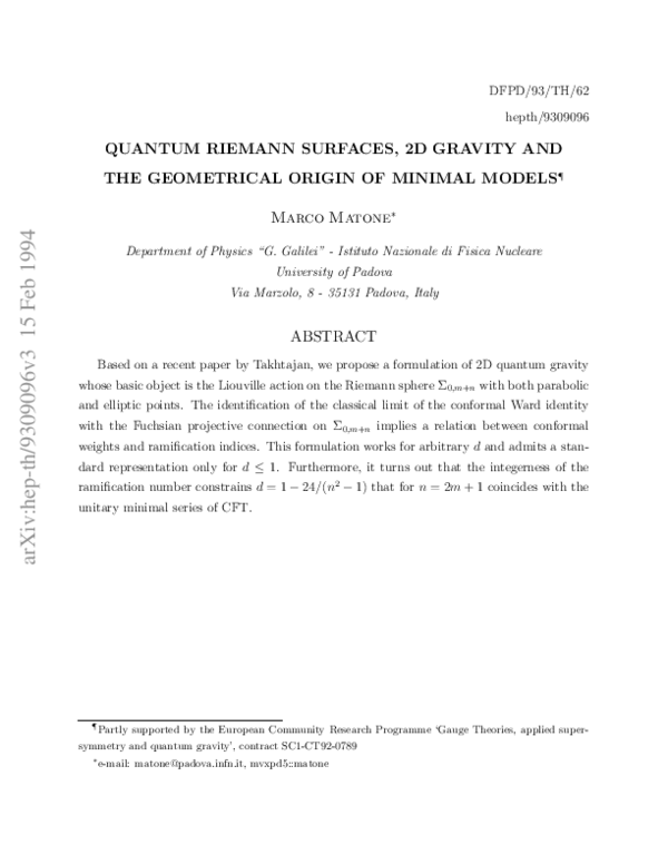 (PDF) Quantum Riemann Surfaces, 2-D Gravity and the Geometrical Origin of Minimal Models