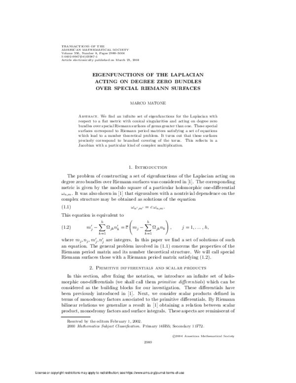 (PDF) Eigenfunctions of the Laplacian on Degree Zero Bundles over Riemann Surfaces