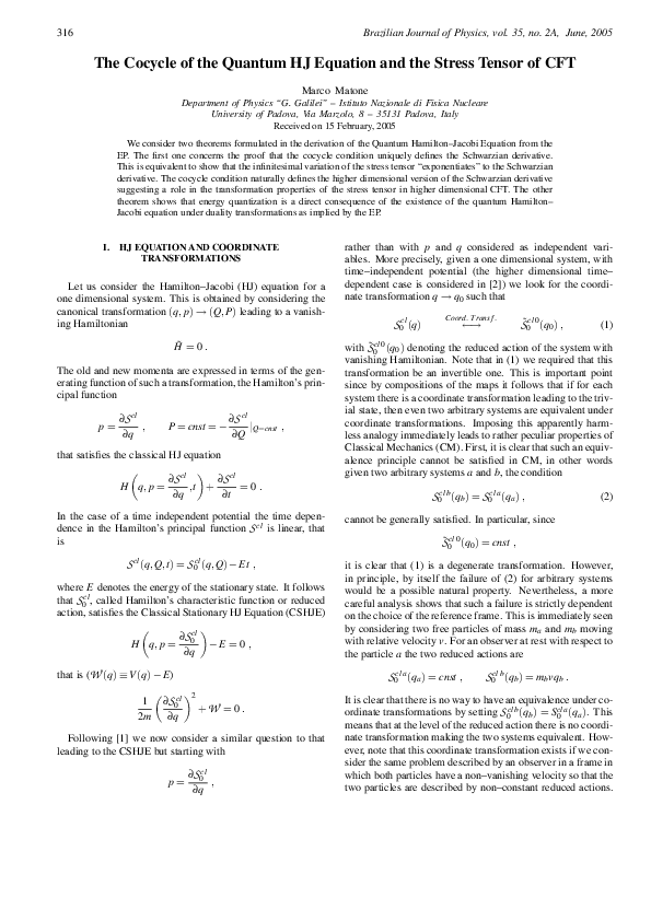 (PDF) The cocycle of the quantum HJ equation and the stress tensor of CFT