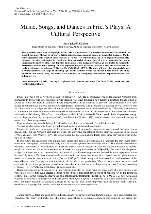 (PDF) Music, Songs, and Dances in Friel’s Plays: A Cultural Perspective