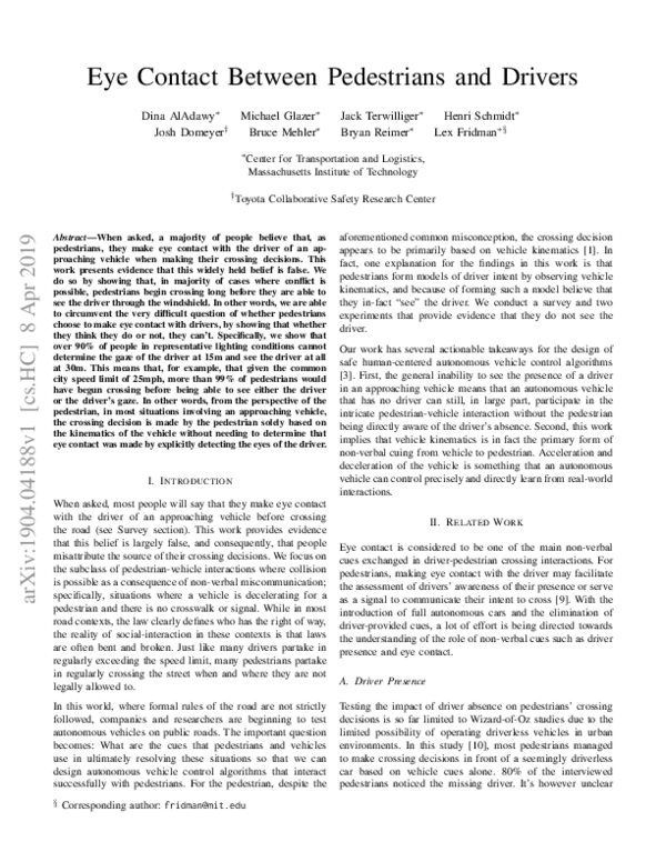 (PDF) Eye Contact between Pedestrians and Drivers
