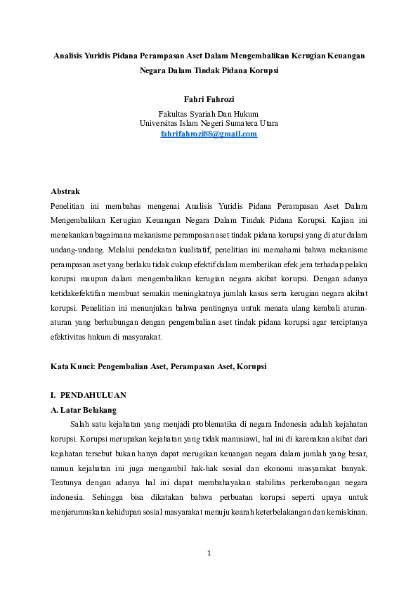 (PDF) Analisis Yuridis Pidana Perampasan Aset Dalam Mengembalikan Kerugian Keuangan Negara Dalam ...