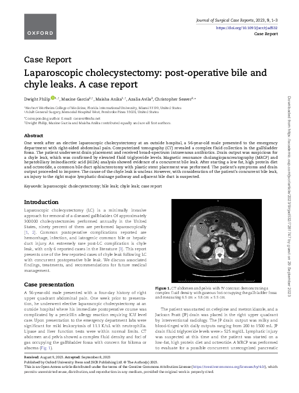 Pdf Laparoscopic Cholecystectomy Post Operative Bile And Chyle Leaks A Case Report