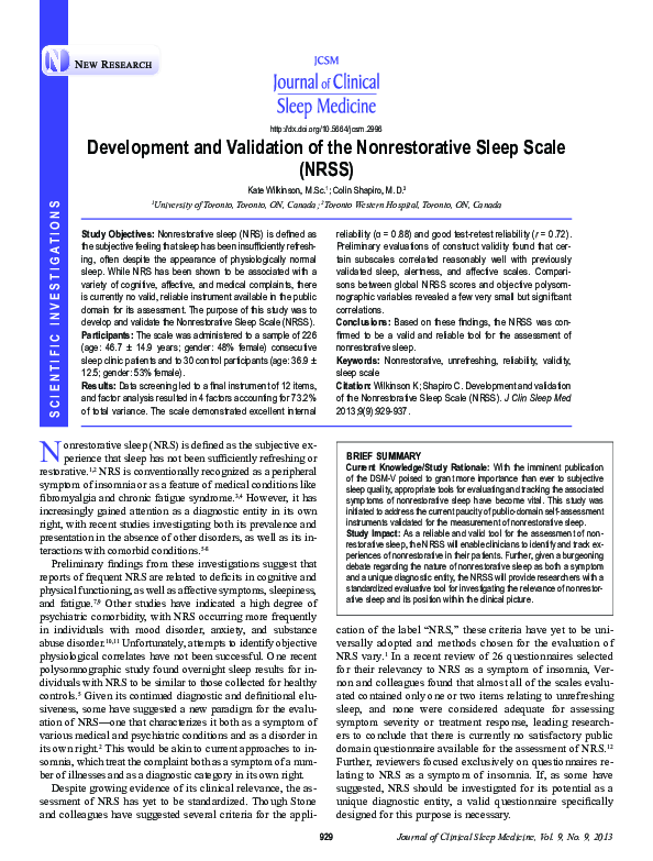(PDF) Development and Validation of the Nonrestorative Sleep Scale ...