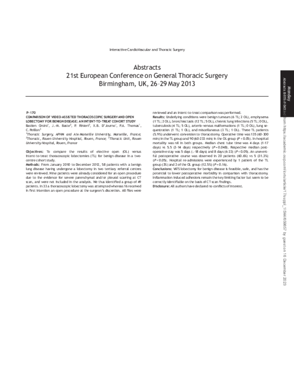 (PDF) P-170 * Comparison of Video-Assisted Thoracoscopic Surgery and Open Lobectomy for Benign ...