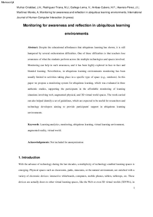 (PDF) Monitoring for Awareness and Reflection in Ubiquitous Learning Environments
