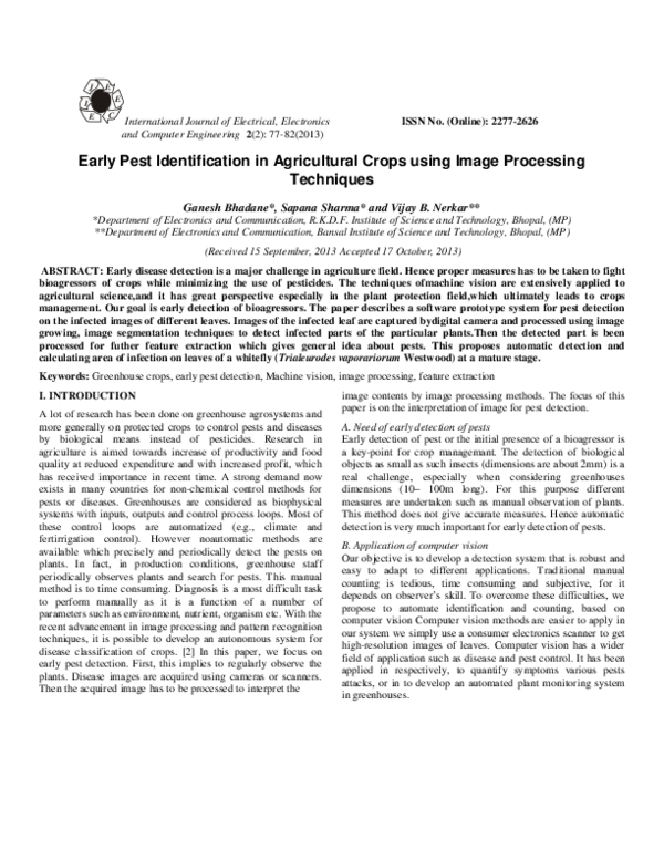 (PDF) Early Pest Identification in Agricultural Crops using Image Processing Techniques
