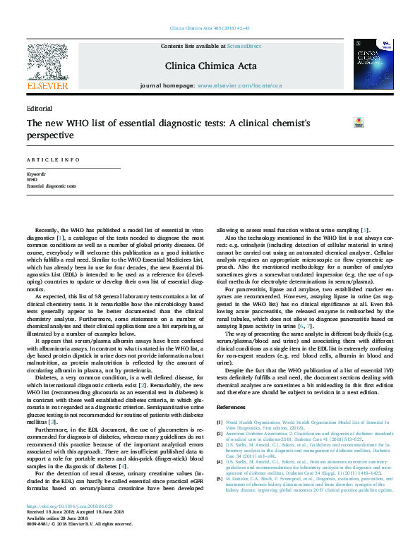 (PDF) The new WHO list of essential diagnostic tests: A clinical ...