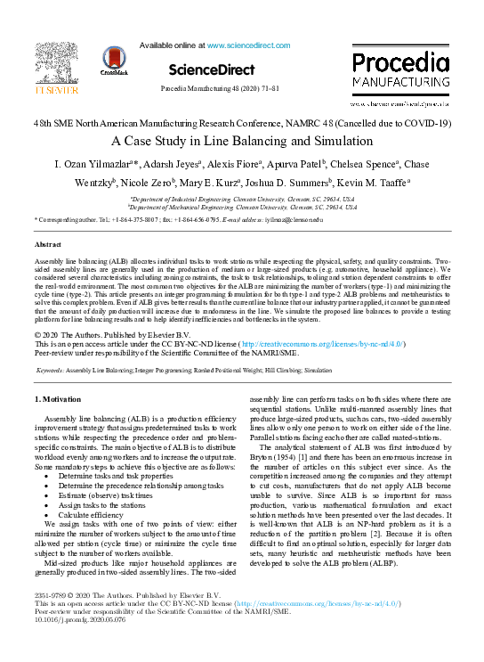 (PDF) A Case Study in Line Balancing and Simulation