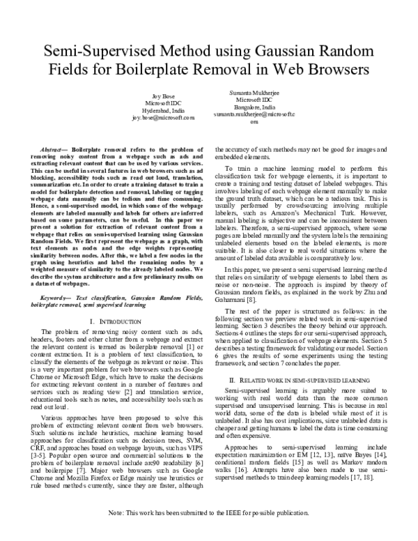 (PDF) Semi-Supervised Method using Gaussian Random Fields for Boilerplate Removal in Web Browsers