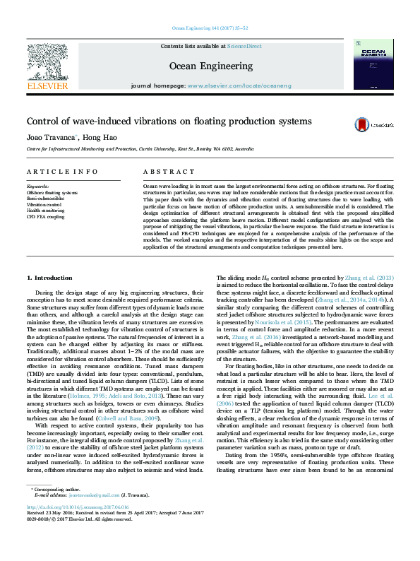 (PDF) Control of wave-induced vibrations on floating production systems