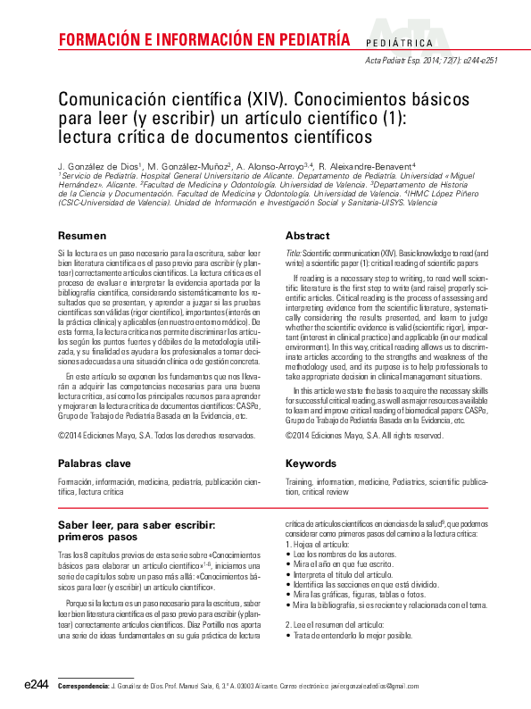 (PDF) Comunicación científica (XIV). Conocimientos básicos para leer (y escribir) un artículo ...