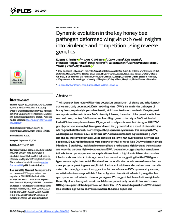 (PDF) Dynamic evolution in the key honey bee pathogen deformed wing virus: Novel insights into ...