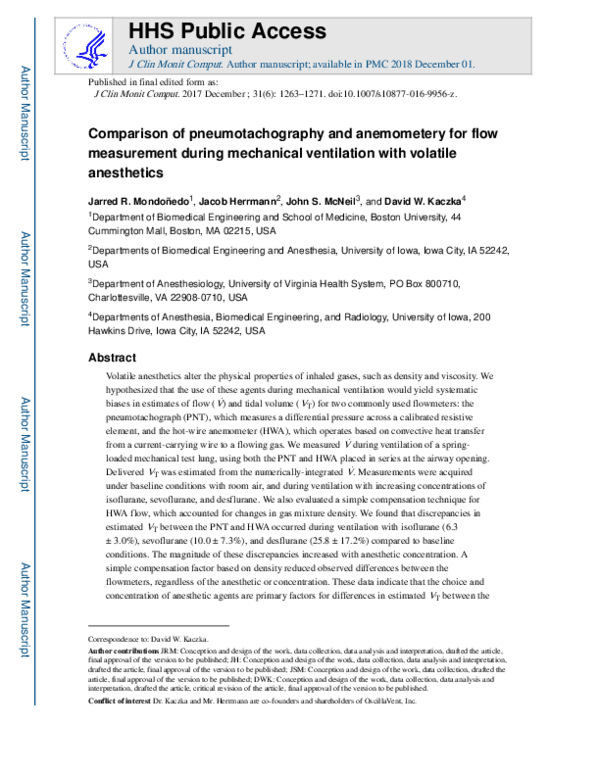 (PDF) Comparison of pneumotachography and anemometery for flow ...