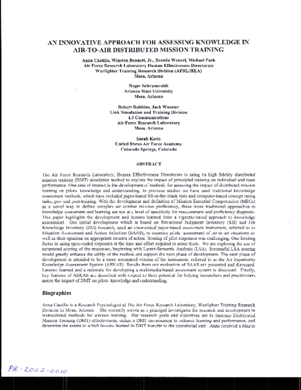 (PDF) An Innovative Approach for Assessing Knowledge in Air-to-Air Distributed Mission Training
