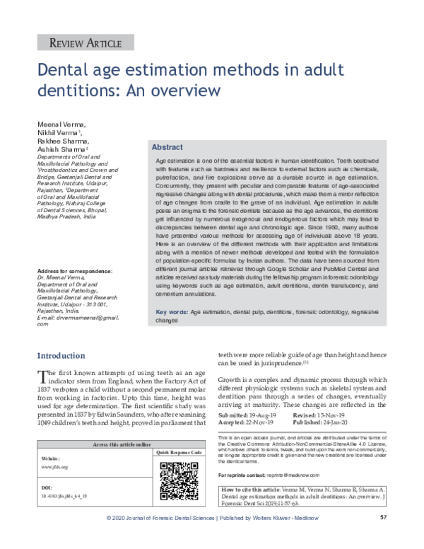 (PDF) Dental age estimation methods in adult dentitions: An overview