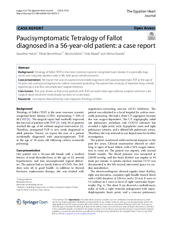 (PDF) Paucisymptomatic Tetralogy of Fallot diagnosed in a 56-year-old patient: a case report