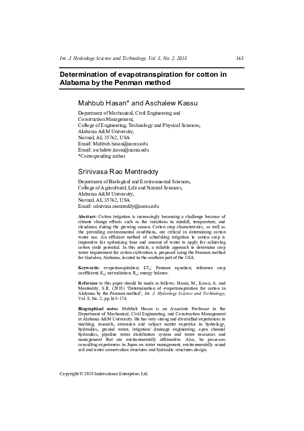 (PDF) Determination of evapotranspiration for cotton in Alabama by the ...