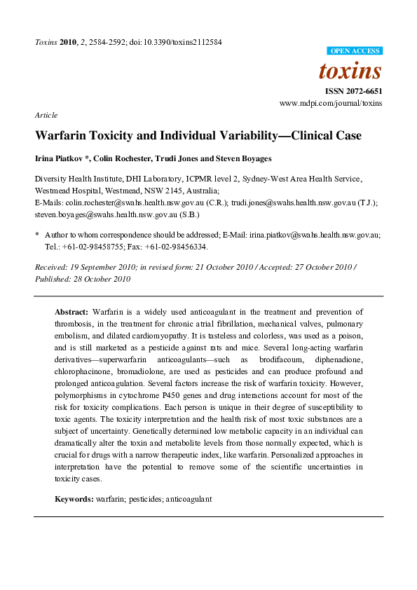 (PDF) Warfarin Toxicity and Individual Variability—Clinical Case