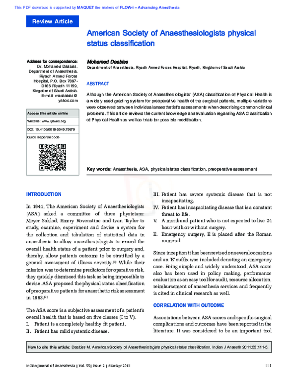 (PDF) American Society of Anaesthesiologists physical status classification