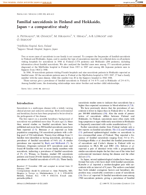 (PDF) Familial sarcoidosis in Finland and Hokkaido, Japan–a comparative ...