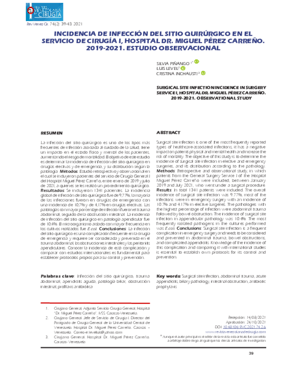 (PDF) Incidencia de infección del sitio quirúrgico en el Servicio de Cirugía I, hospital Dr ...
