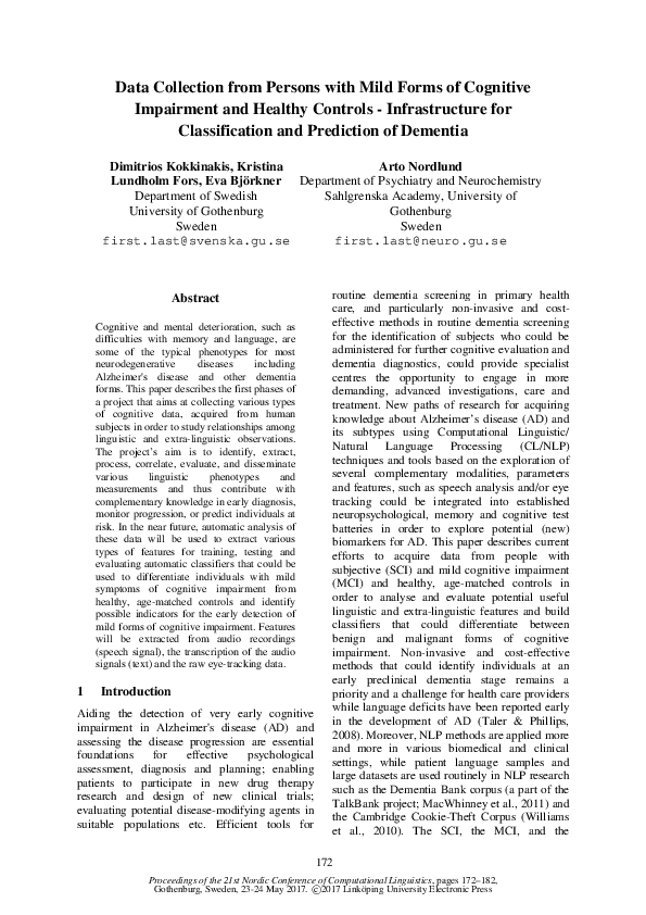 (PDF) Data Collection from Persons with Mild Forms of Cognitive Impairment and Healthy Controls ...