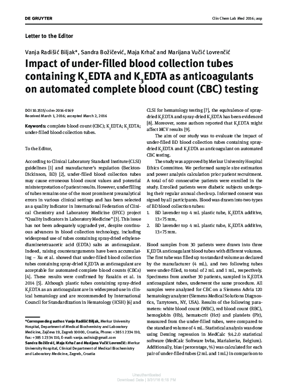 (PDF) Impact of under-filled blood collection tubes containing K 2 EDTA ...