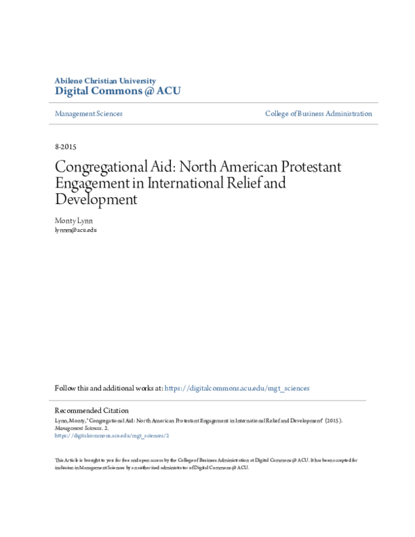 (PDF) Congregational Aid: North American Protestant Engagement in ...