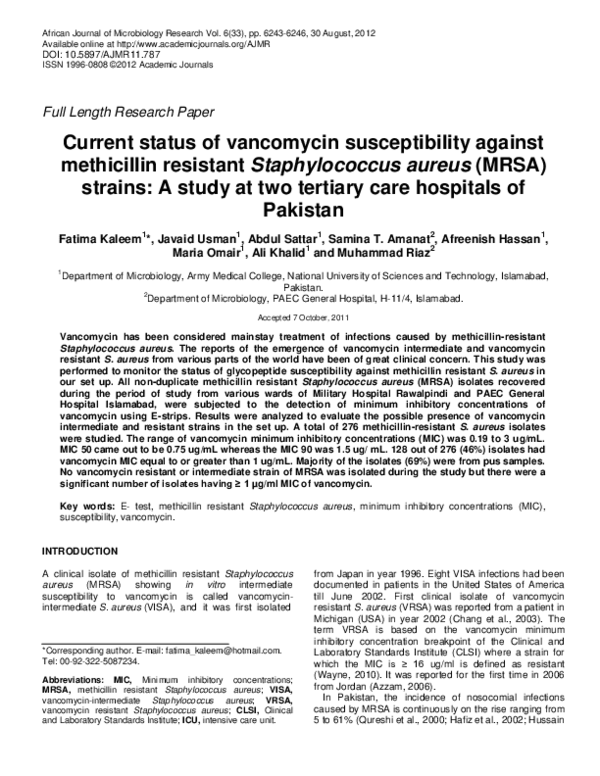 (PDF) Current status of vancomycin susceptibility against methicillin resistant Staphylococcus ...