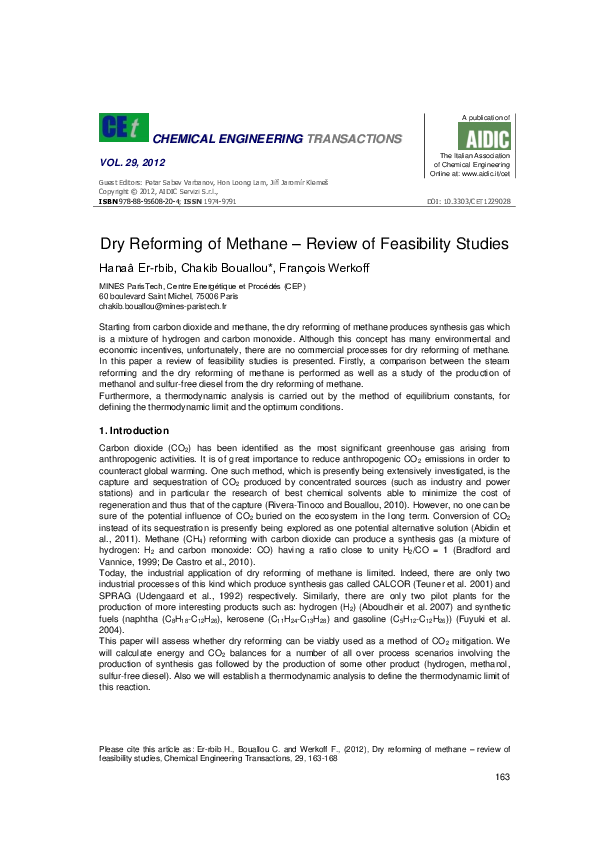 (PDF) Dry Reforming of Methane – Review of Feasibility Studies