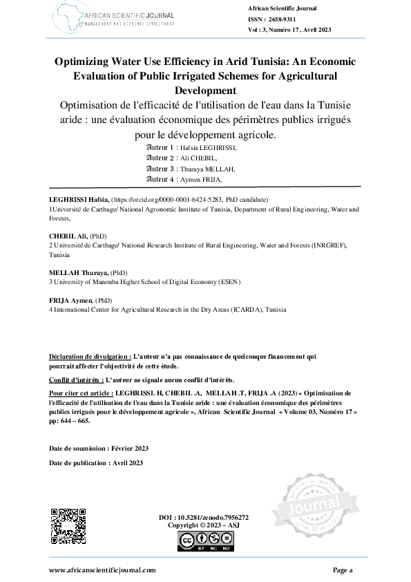 (PDF) Optimizing Water Use Efficiency in Arid Tunisia: An Economic Evaluation of Public ...