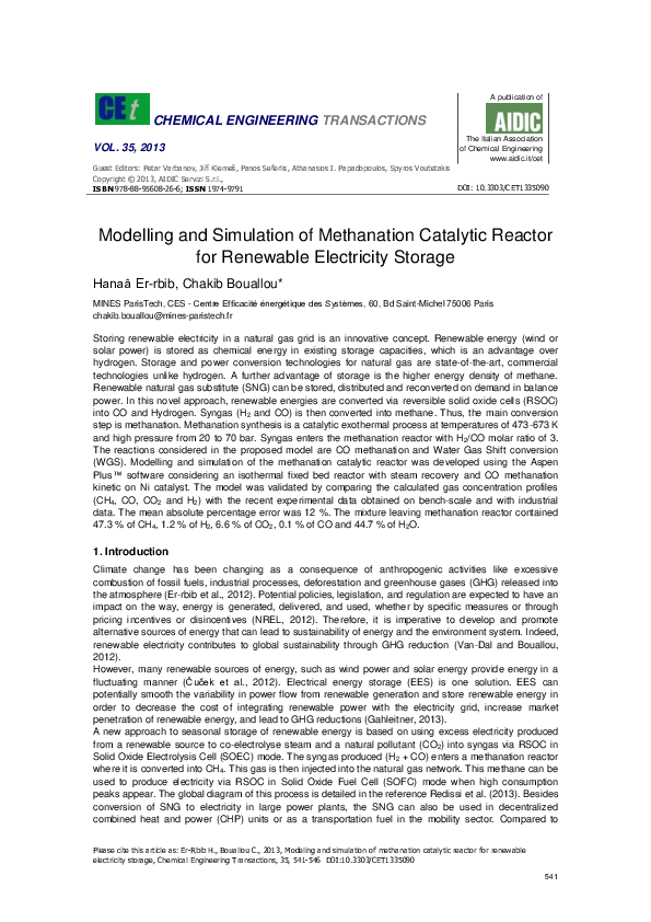 (PDF) Modelling and Simulation of Methanation Catalytic Reactor for Renewable Electricity Storage