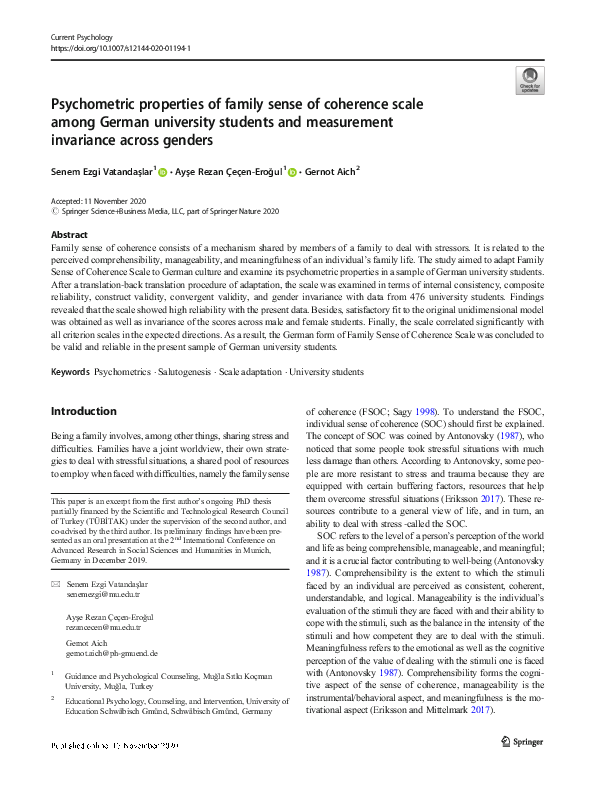 (PDF) Psychometric properties of family sense of coherence scale among ...